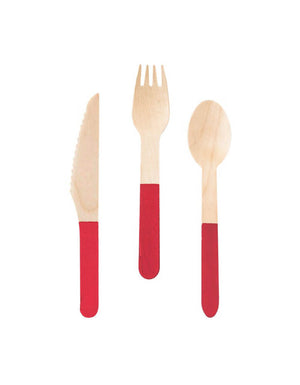 Red Wooden Cutlery Set (Set of 24)